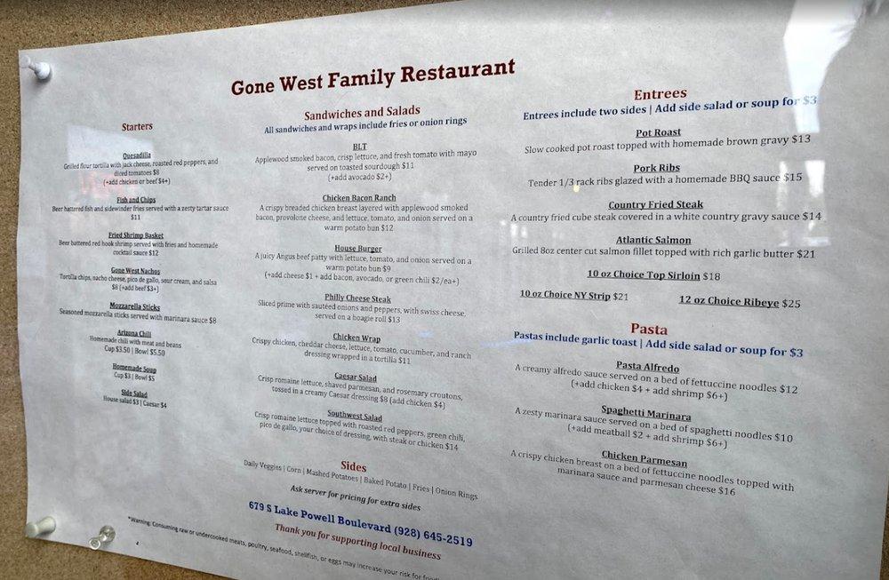 Menu at Gone West Family Restaurant, Page