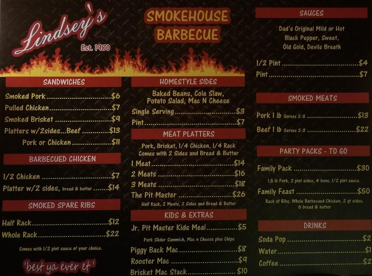 Menu at Lindsey's SmokeHouse Barbecue, Buckeye Lake