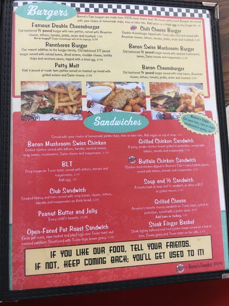 Menu at Norma's Cafe, Dallas, W Davis St