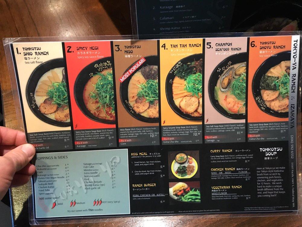 Menu at Tokyo-ya Ramen restaurant, Federal Way