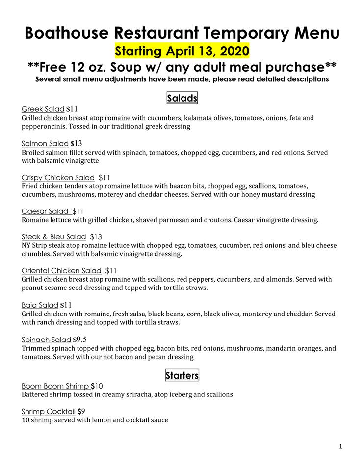 Menu at Boathouse Restaurant, Winona Lake