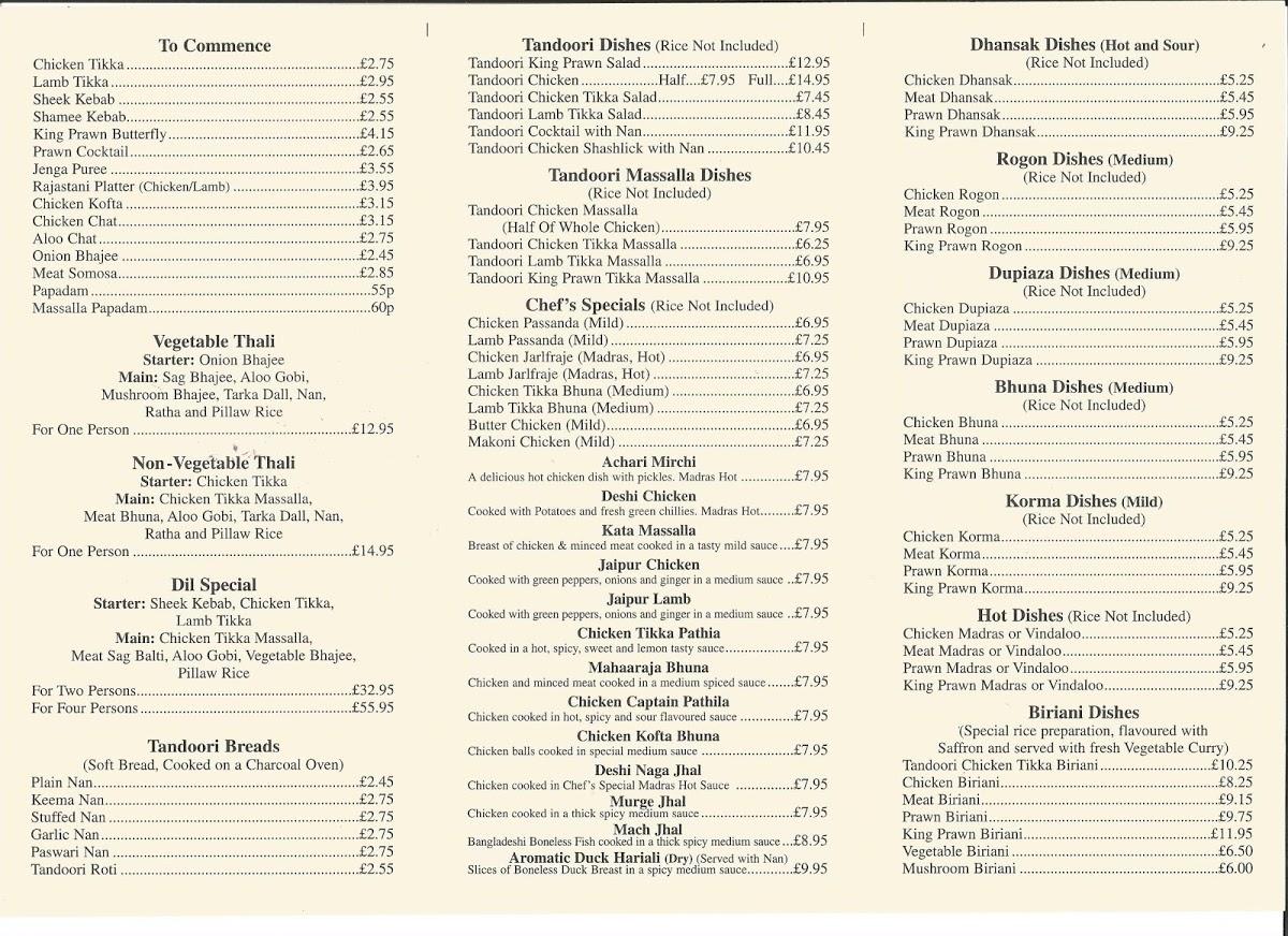 Menu at Dil Indian Cuisine restaurant, Usk
