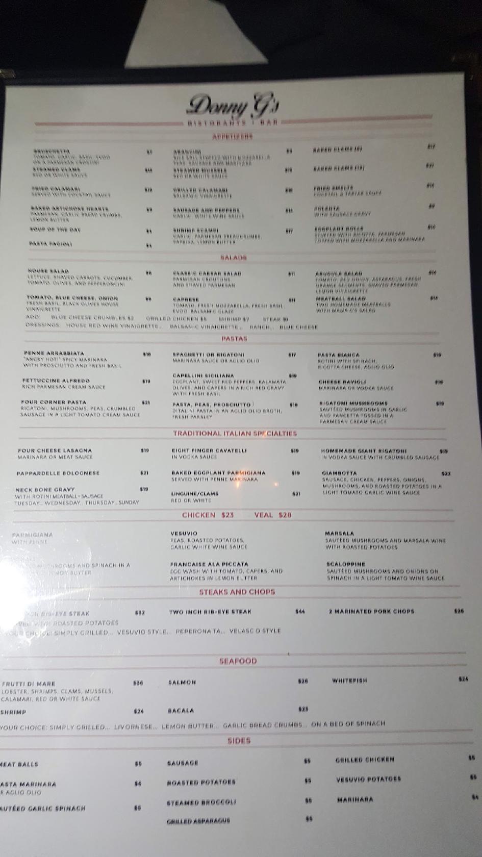 Menu at Donny G's Ristorante pub & bar, Elmwood Park
