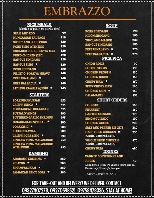 Menu at Embrazzo Restobar, Davao City