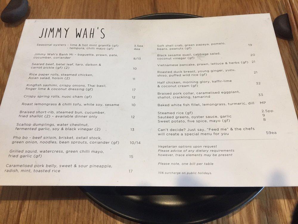 Carta del restaurante Jimmy Wah's, Burleigh Heads