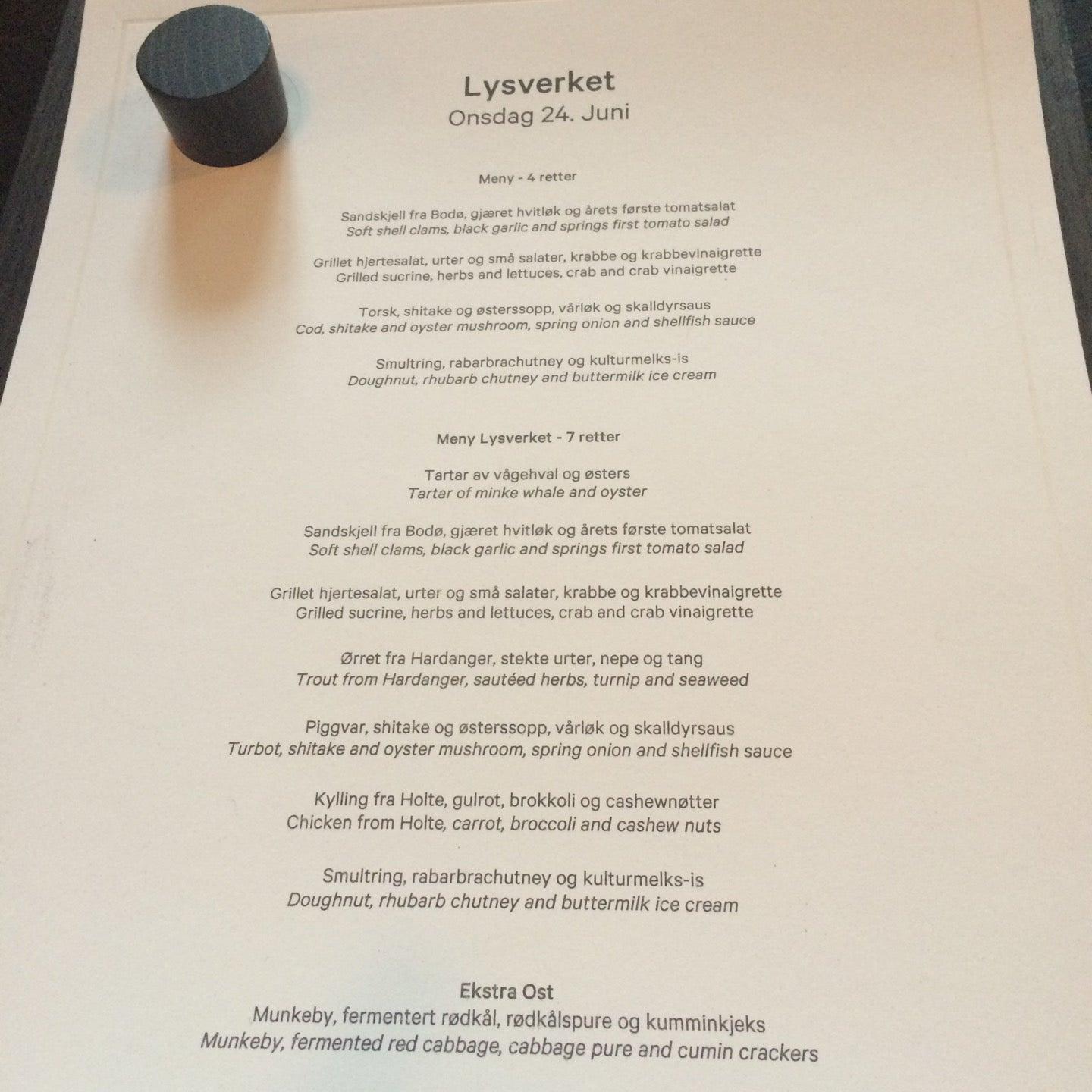 Menu at Lysverket restaurant, Bergen