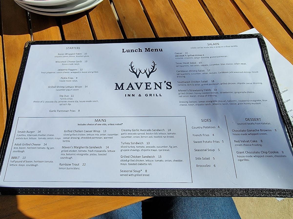 Menu at Maven's Inn & Grill restaurant, Canyon Lake