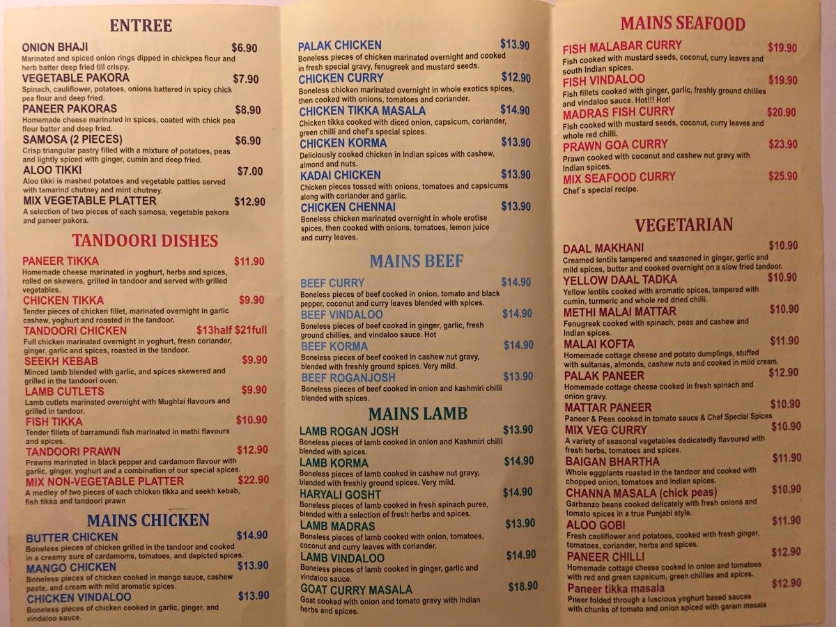 Menu at Mini India restaurant, Semaphore