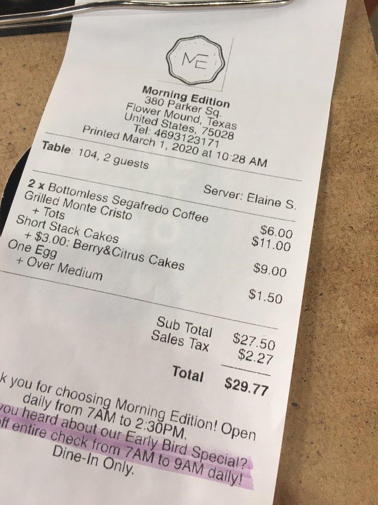 Menu at Morning Edition restaurant, Flower Mound
