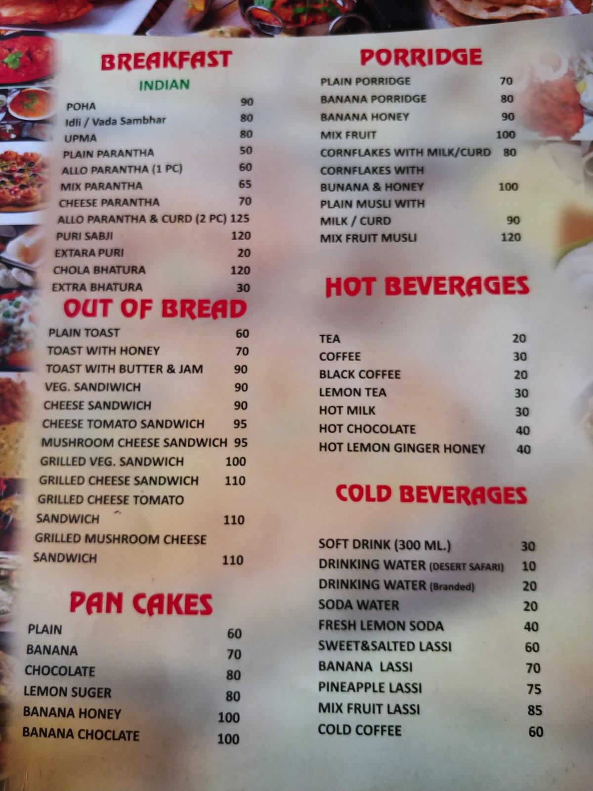 Menu at Pakwan Restaurant Jaisalmer, Jaisalmer, fort parking