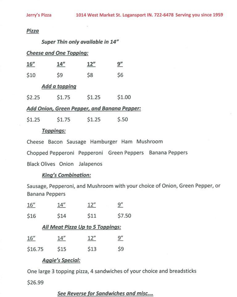 Menu at Jerry's Pizzeria, Logansport