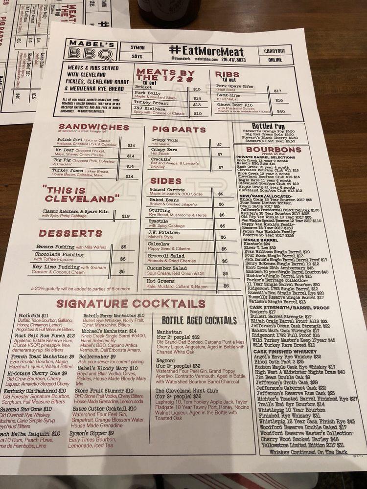 Menu at Mabel's BBQ, Cleveland