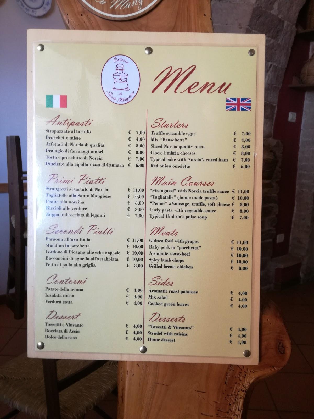 Menu at Osteria da Santu Mangione restaurant, Assisi
