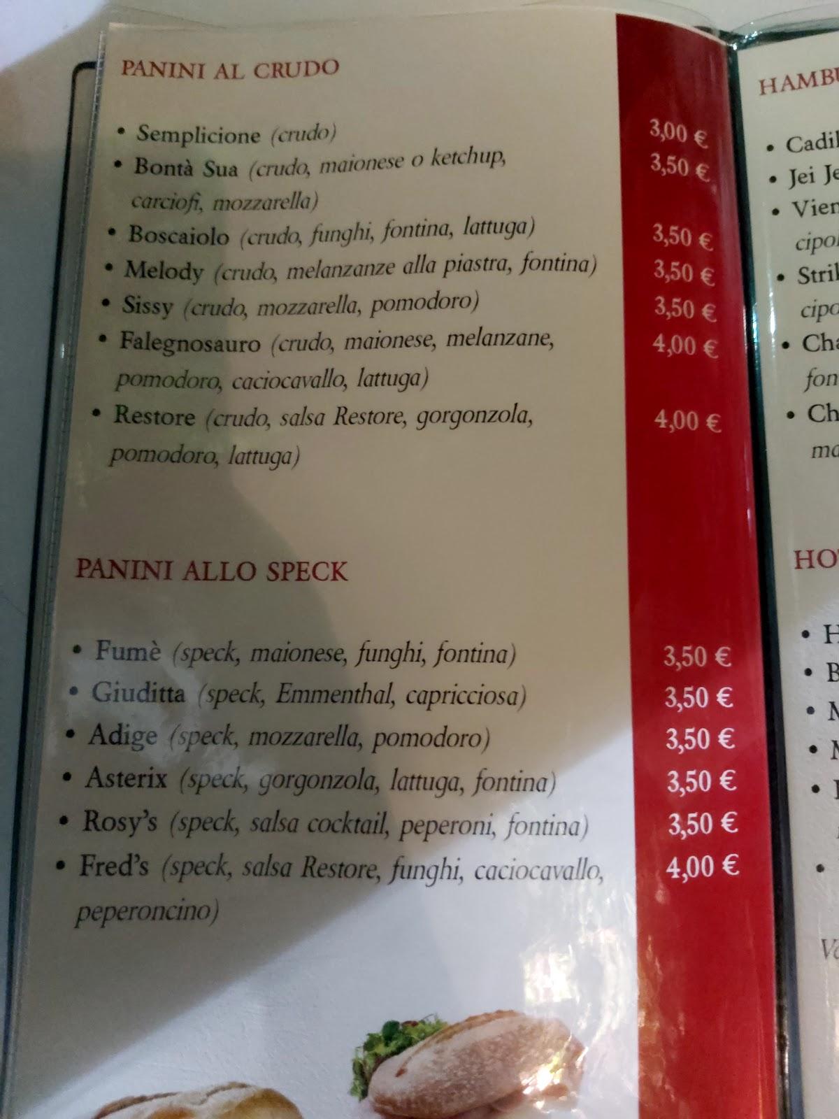 Menu da Paninoteca Restore, Bovino