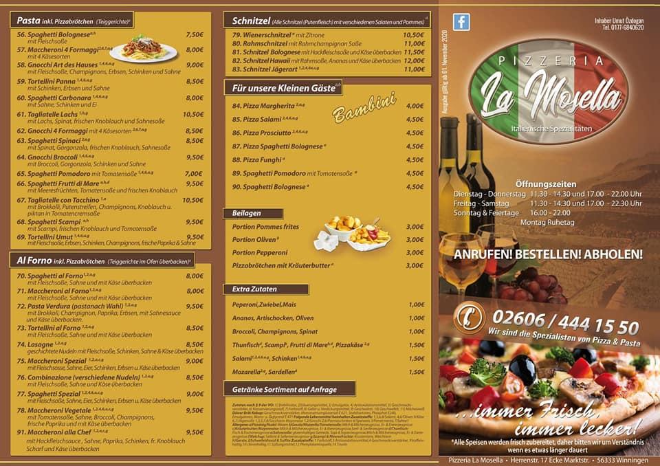 Speisekarte von Pizzeria La Mosella Inhaber: Umut Özdogan, Winningen