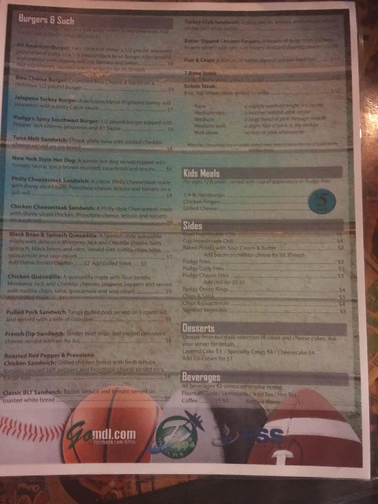 Menu at Pudgy's Sport Pub, McGuire Air Force Base