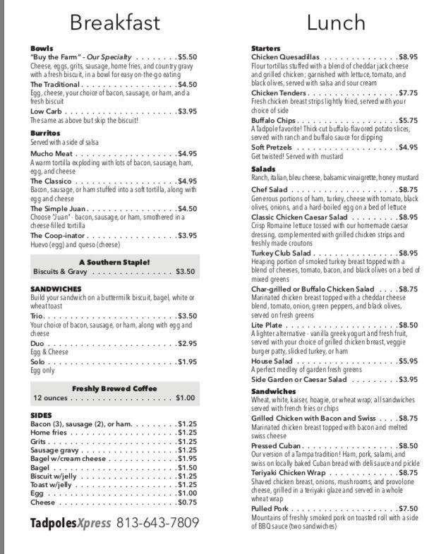 Menu at Tadpoles Xpress restaurant, Bloomingdale