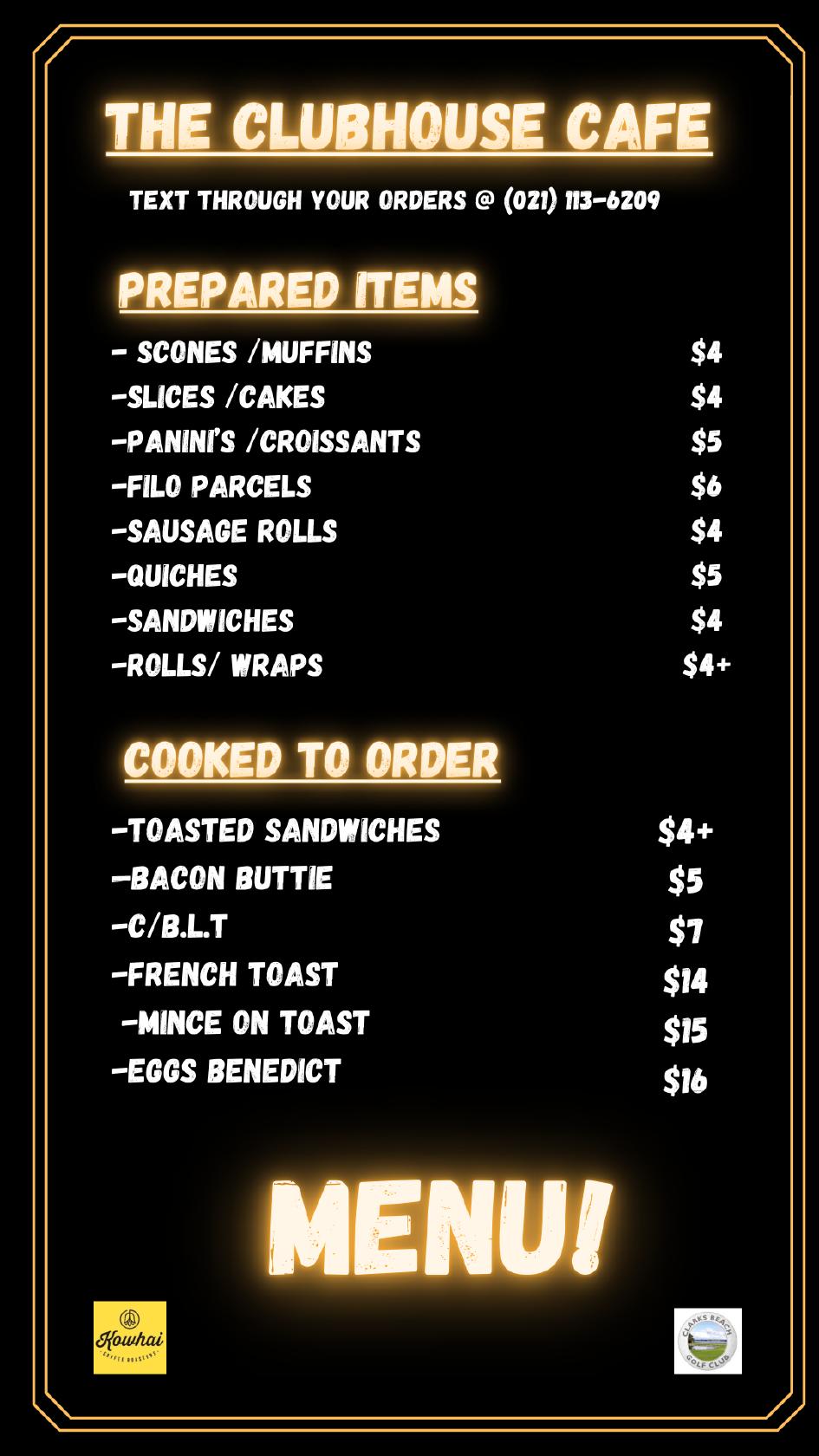 Menu at Clubhouse Cafe, Clarks Beach