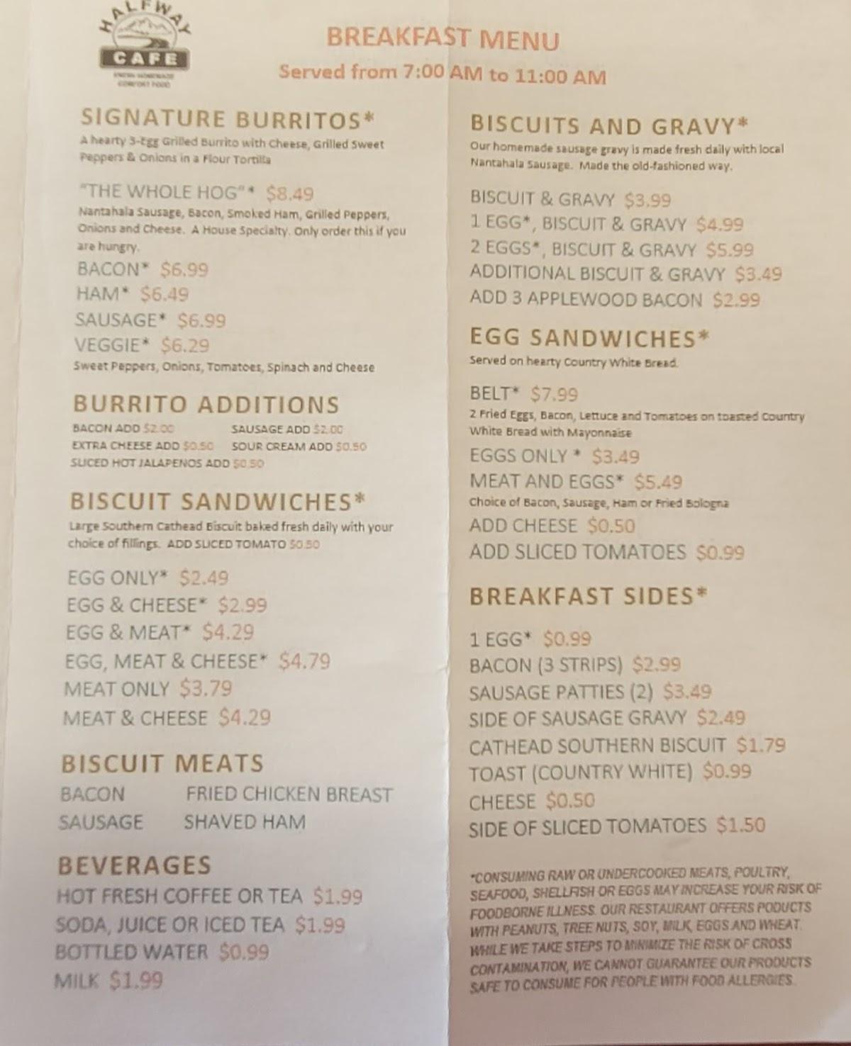 Menu at Halfway Cafe, Ivylog