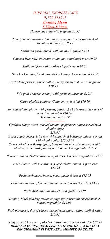 Menu at Imperial Express cafe, Darlington