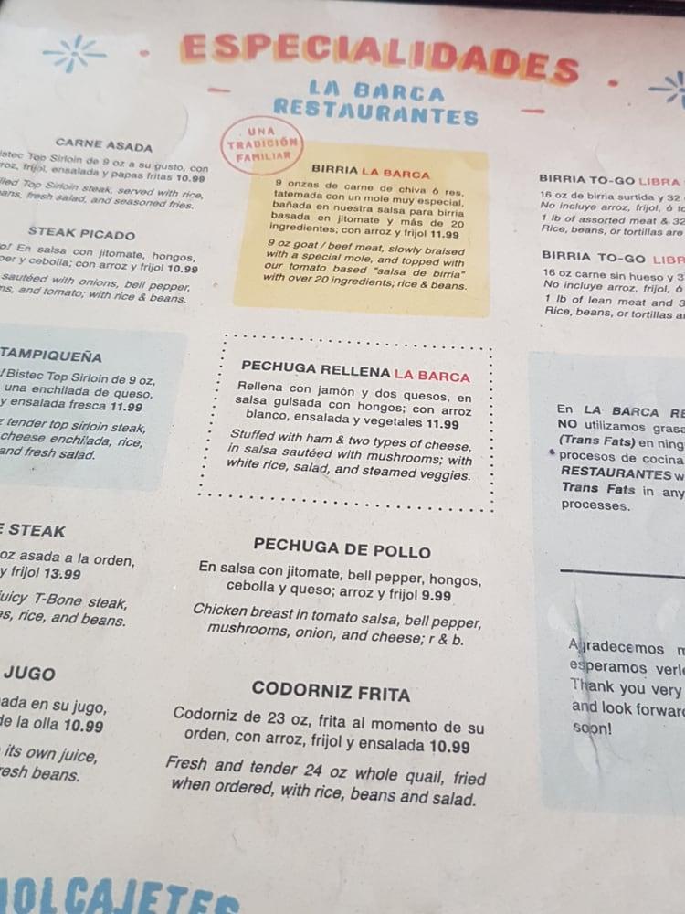 Carta de La Barca Restaurantes, Pico Rivera