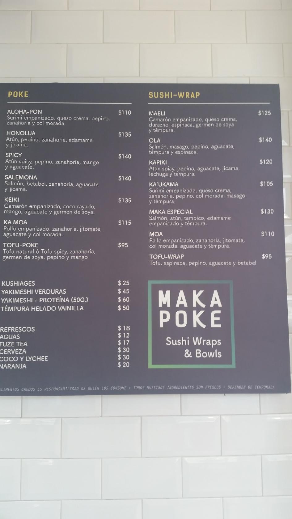 Menu at Maka Poke restaurant, Naucalpan