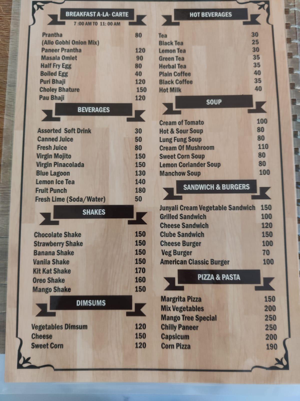 Menu at Mango tree resort and villas, Herbertpur