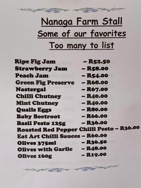 Menu at Nanaga Farm Stall restaurant, South Africa
