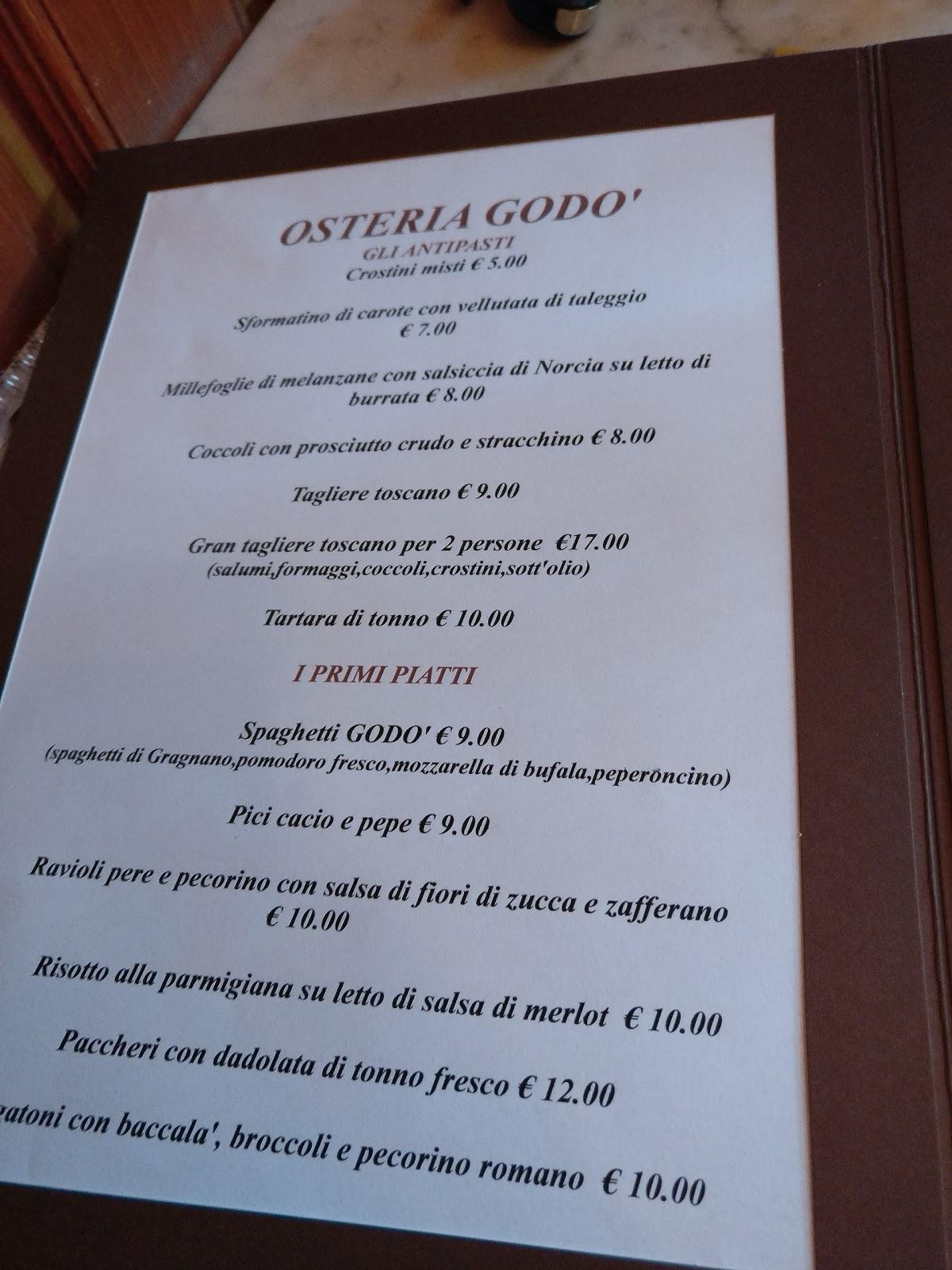 Speisekarte von Osteria Godò restaurant, Florenz, P.za Tommaso Alva Edison