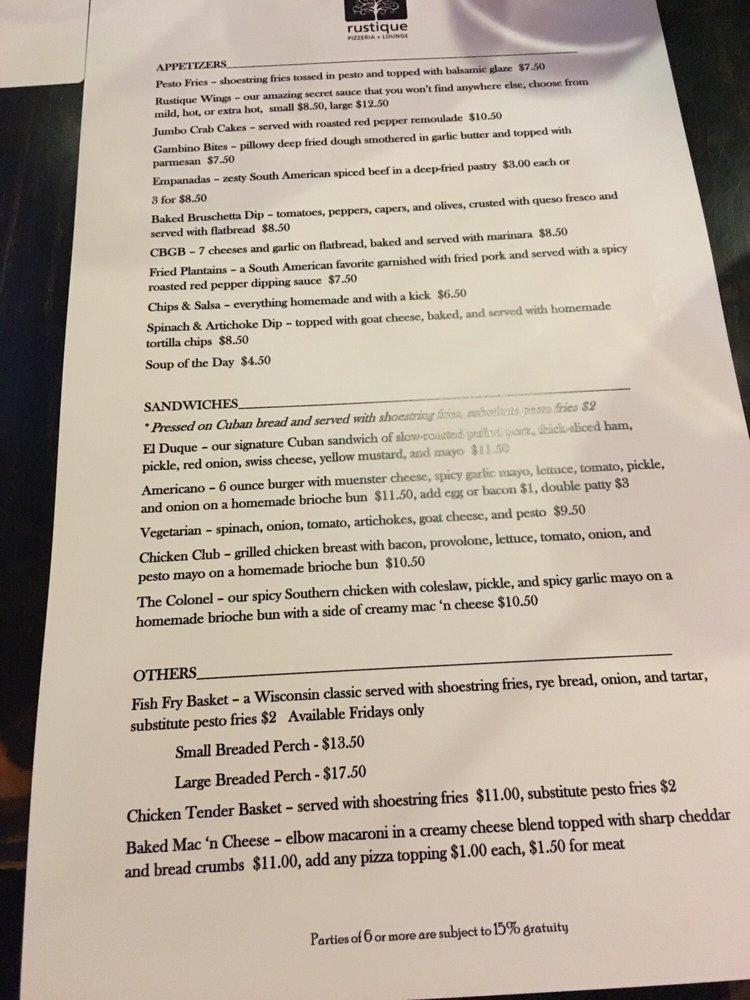 Menu at Rustique Pizzeria, Green Bay