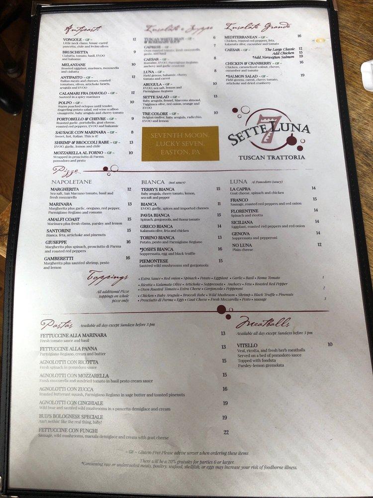 Menu at Sette Luna restaurant, Easton