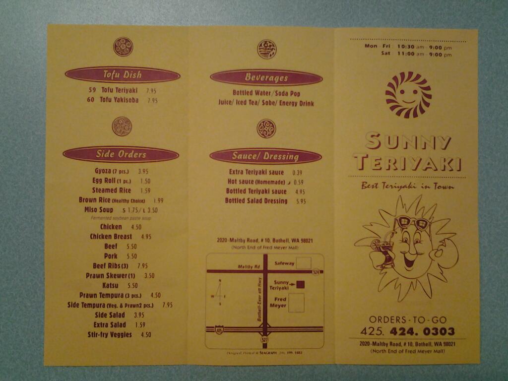 Menu at Sunny Teriyaki restaurant, Bothell