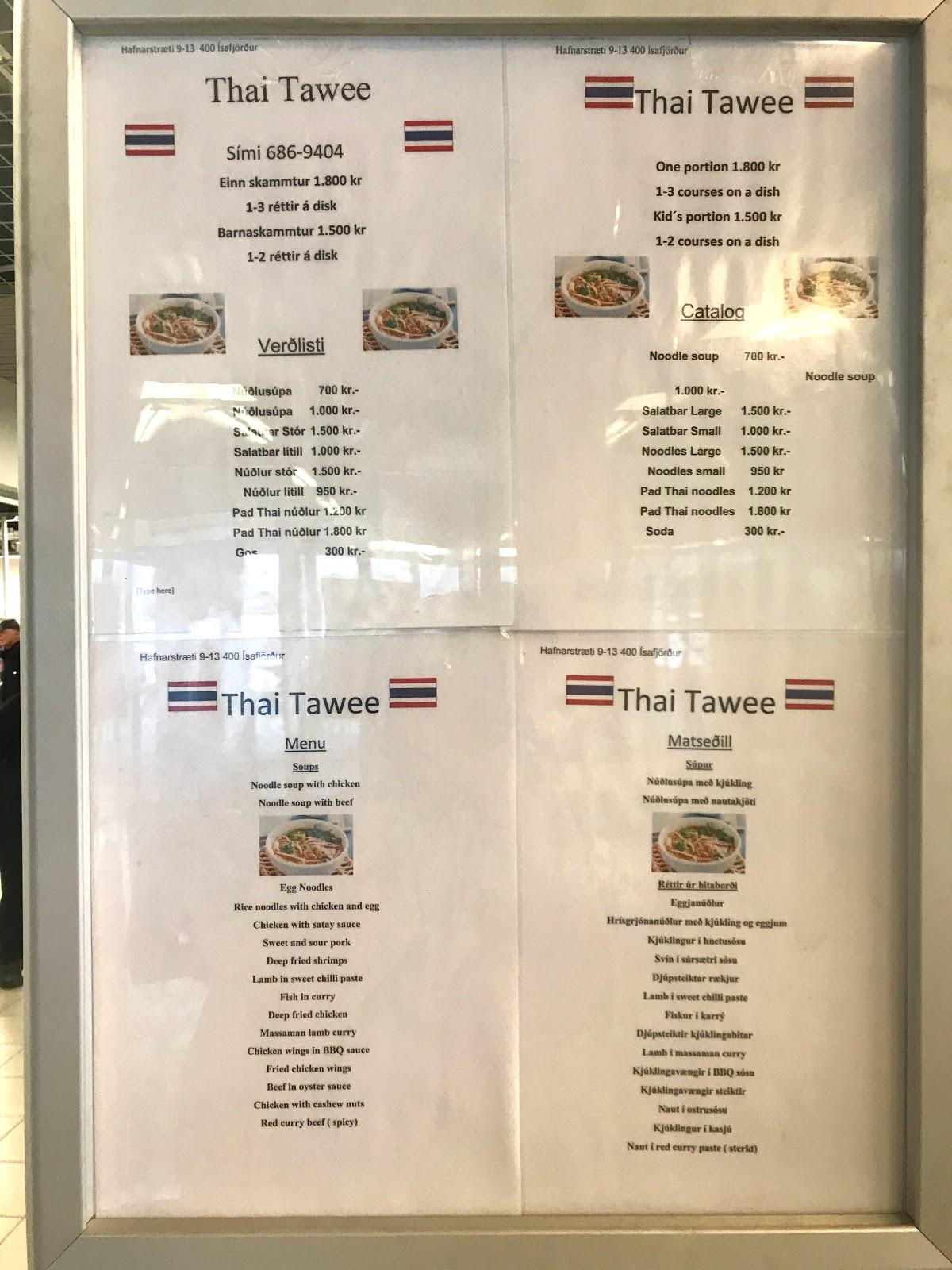 Menu at Thai Tawee restaurant, Ísafjörður