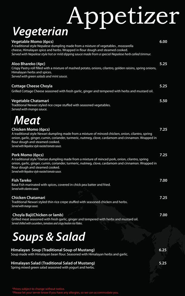 Menu at The Himalayan restaurant, Calgary