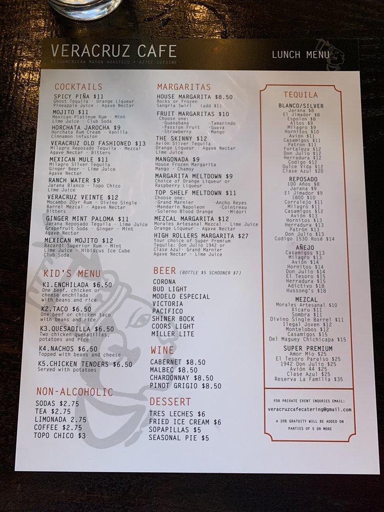 Menu at Veracruz Cafe, Midlothian