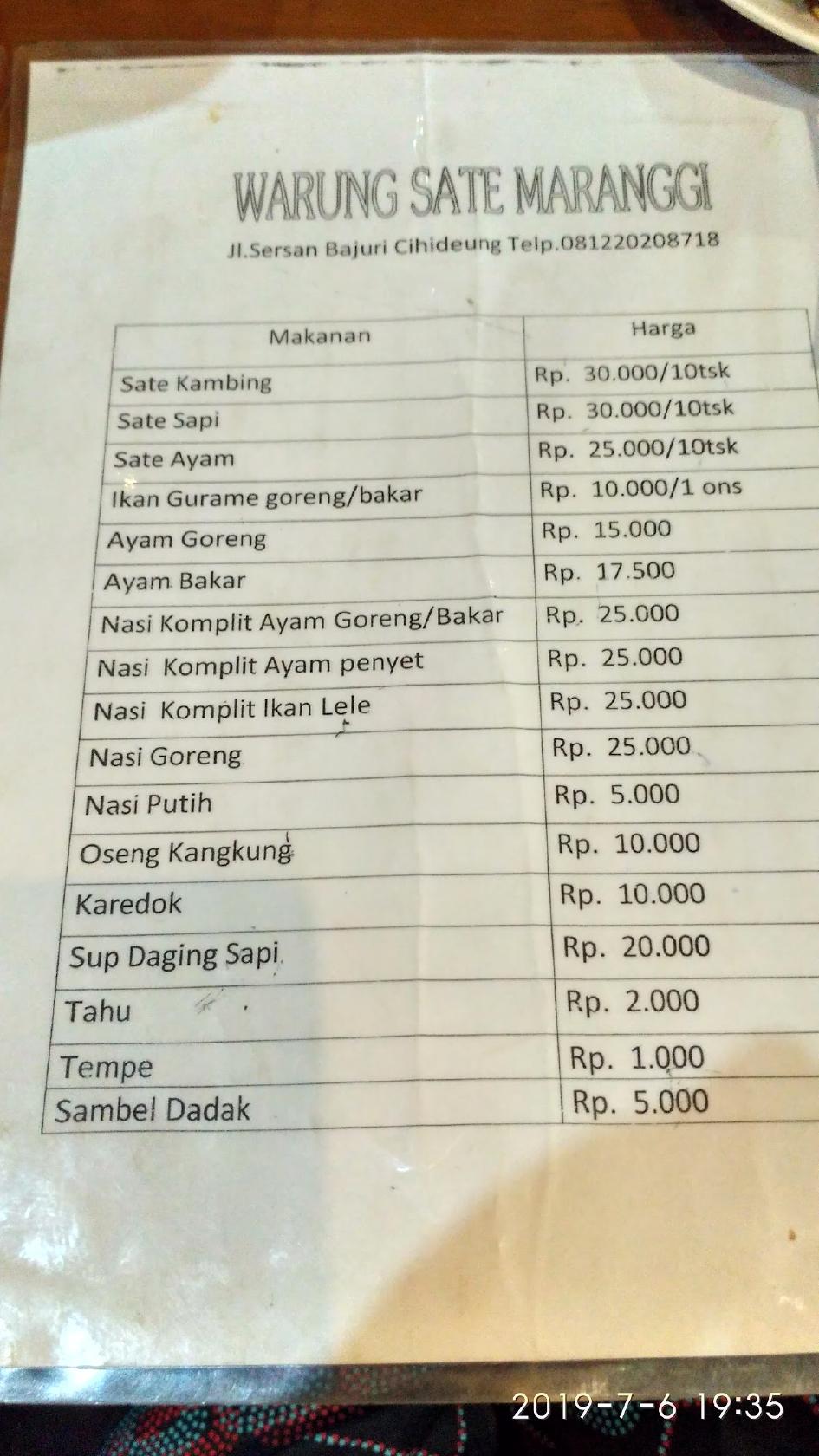 Menu at Warung Sate Maranggi restaurant, Lembang, 5HHW+HVH