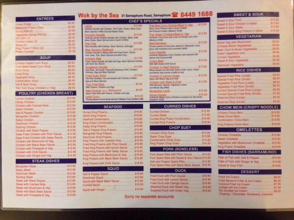 Menu at Wok by the Sea fast food, Semaphore