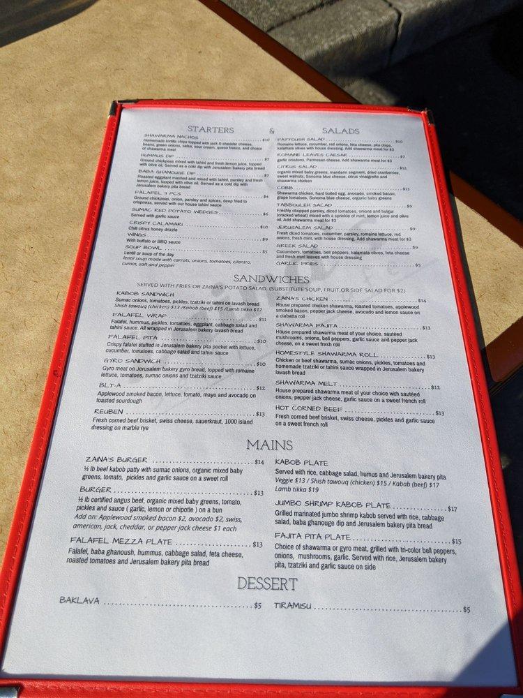 Menu at Zaina's Bellini Cafe, Cotati