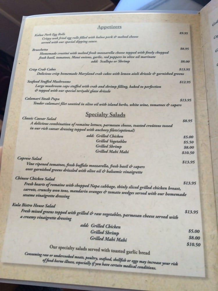 Menu at Kula Bistro restaurant, Kula