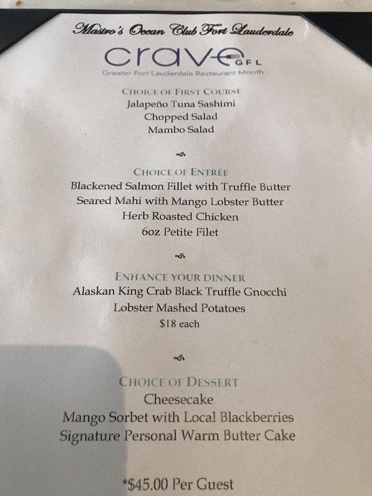 Menu at Mastro's Ocean Club, Fort Lauderdale