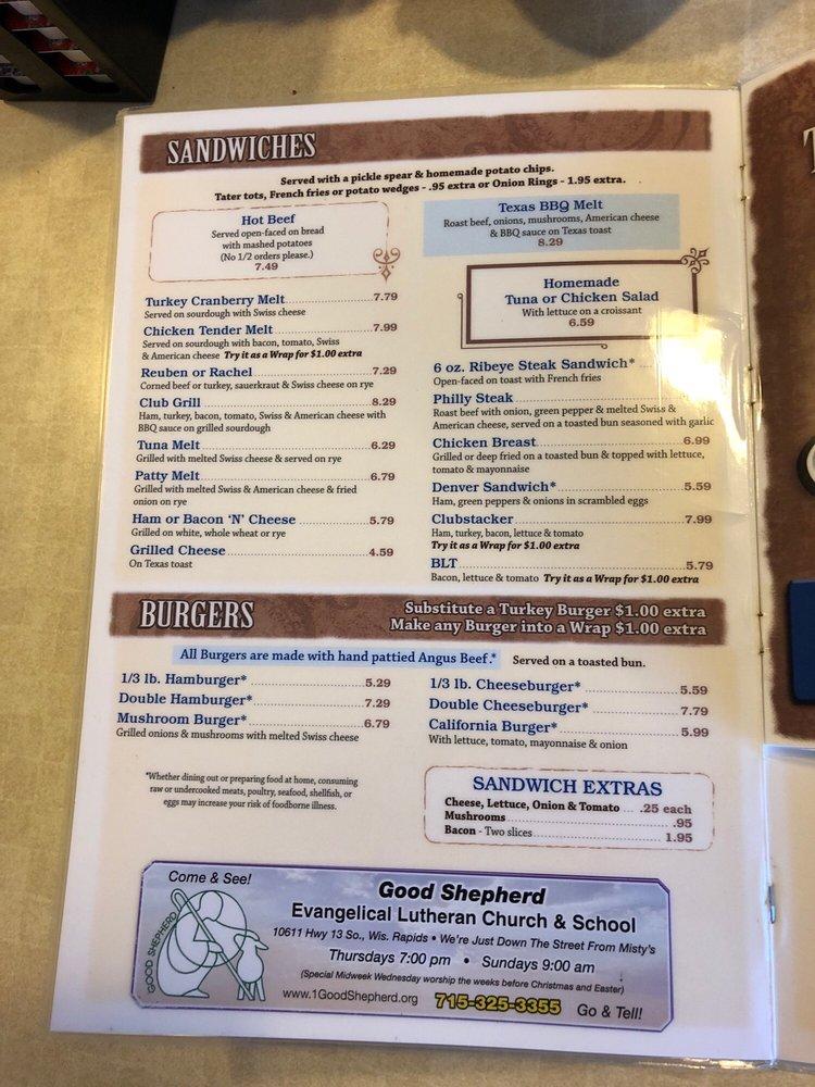 Menu at Misty's Menu restaurant, Wisconsin Rapids