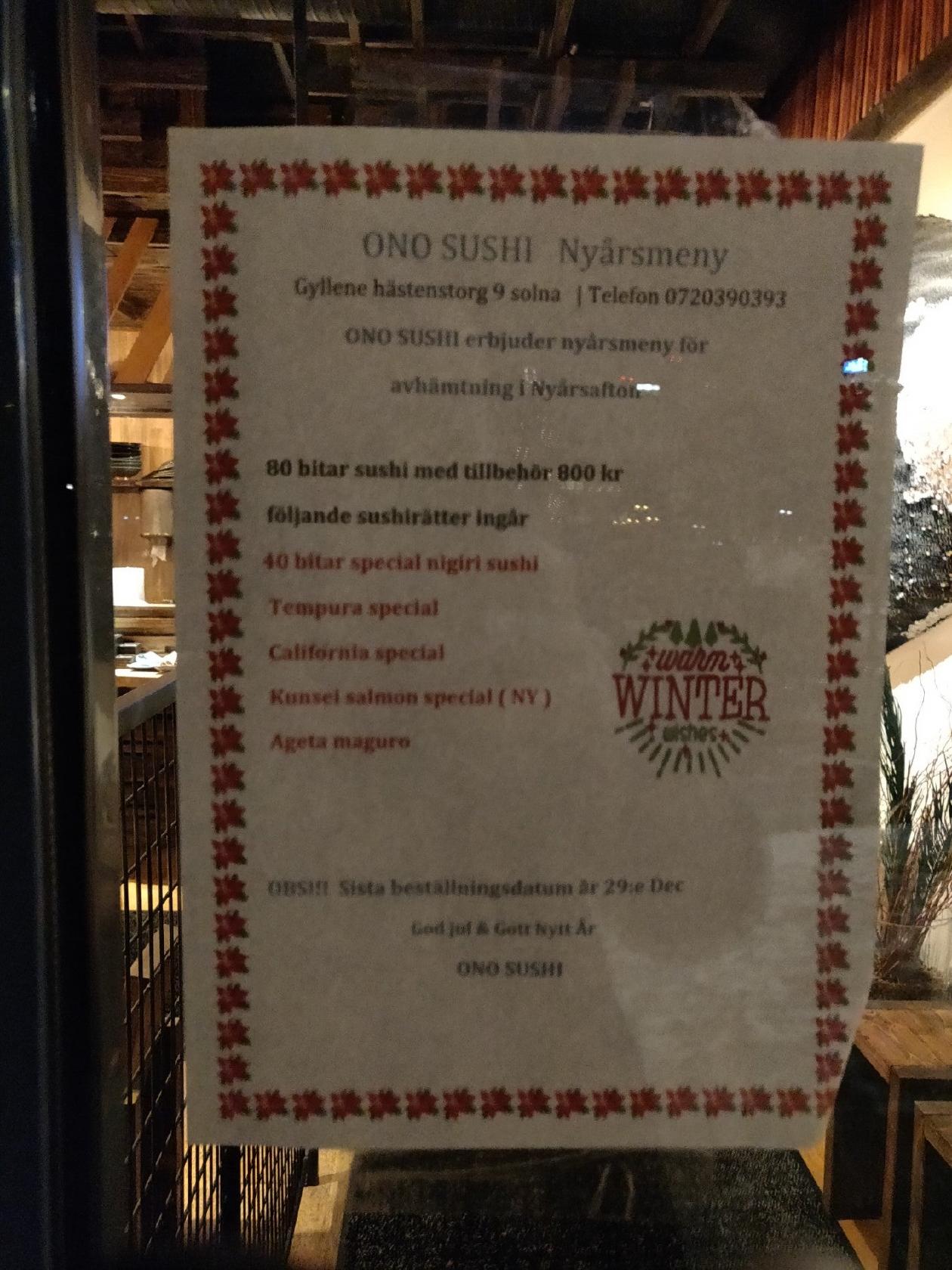 Menu at ONO sushi restaurant, Solna