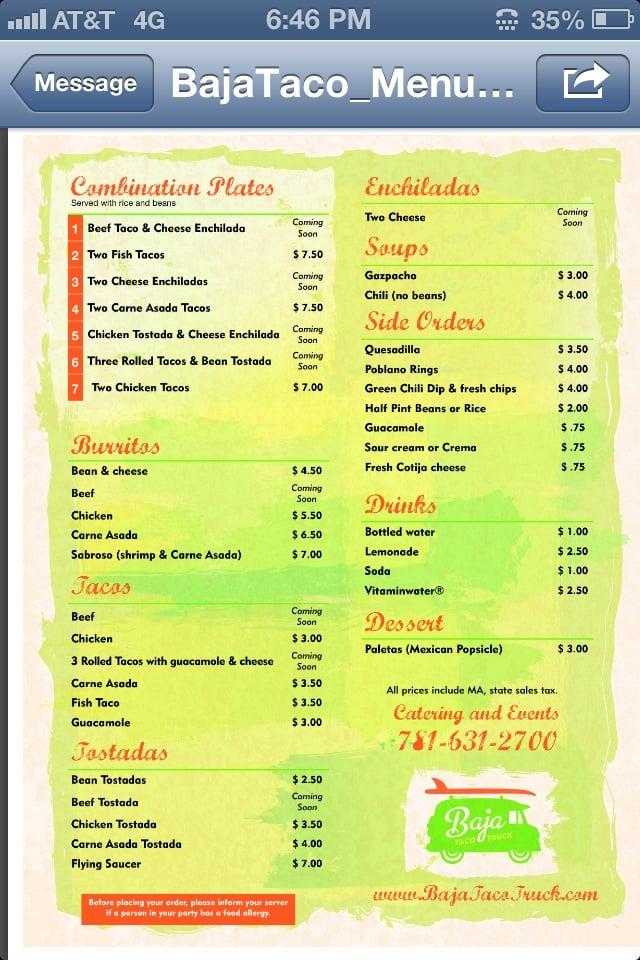 Menu at Baja Taco Truck, Boston, Saint Mary's St & Commonwealth Ave