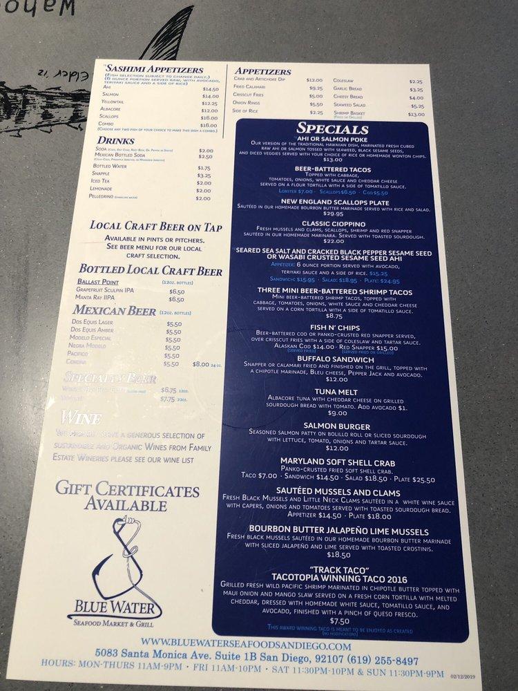 Menu at Blue Water Seafood Ocean Beach restaurant, San Diego