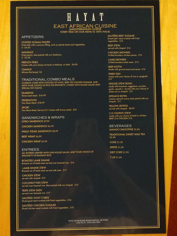 Menu at Hayat - African Halal Restaurant, Beaverton