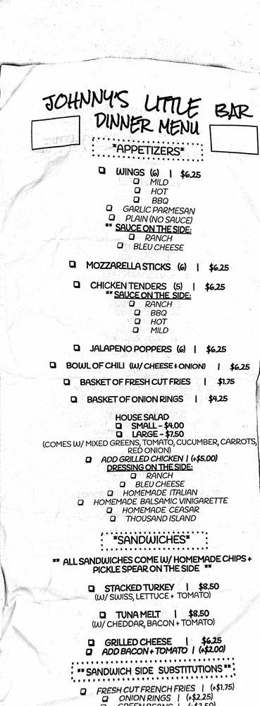 Menu at Johnny's Little Bar, Cleveland