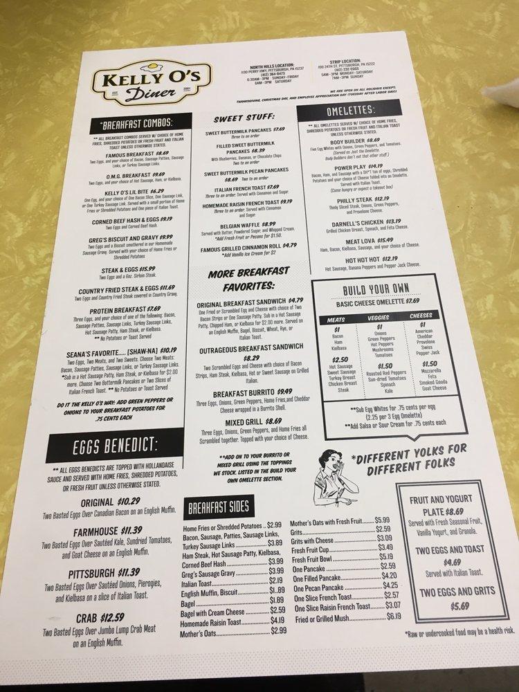 Menu at Kelly O's Diner restaurant, Pittsburgh, Perry Hwy #28