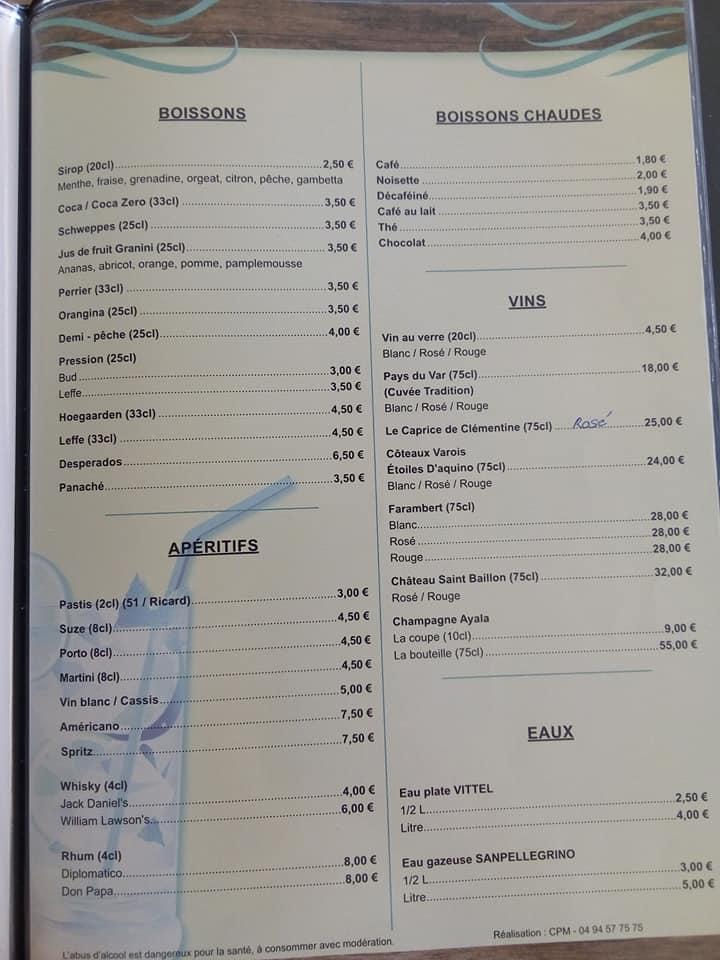 Menu at La Pergola restaurant, Hyères