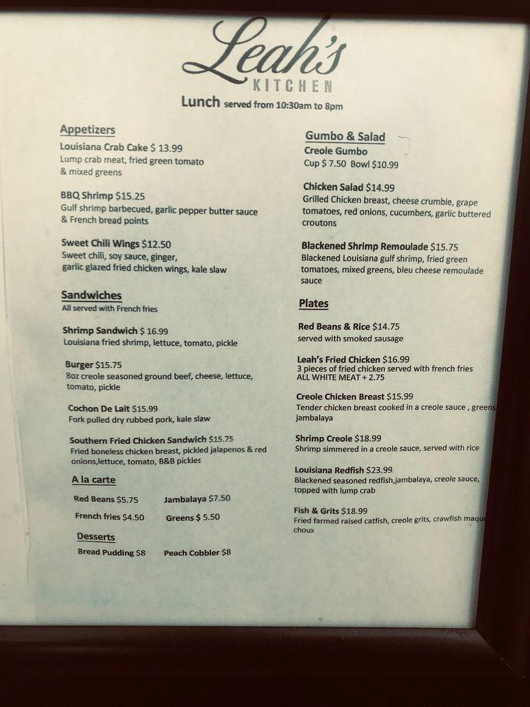 Menu at Leah's Kitchen restaurant, Kenner, 1 Terminal Dr
