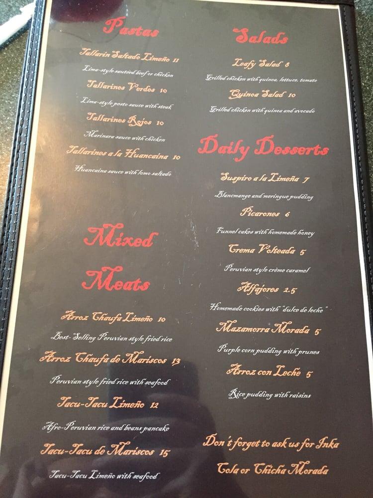 Menu at Lima Criolla restaurant, Austin